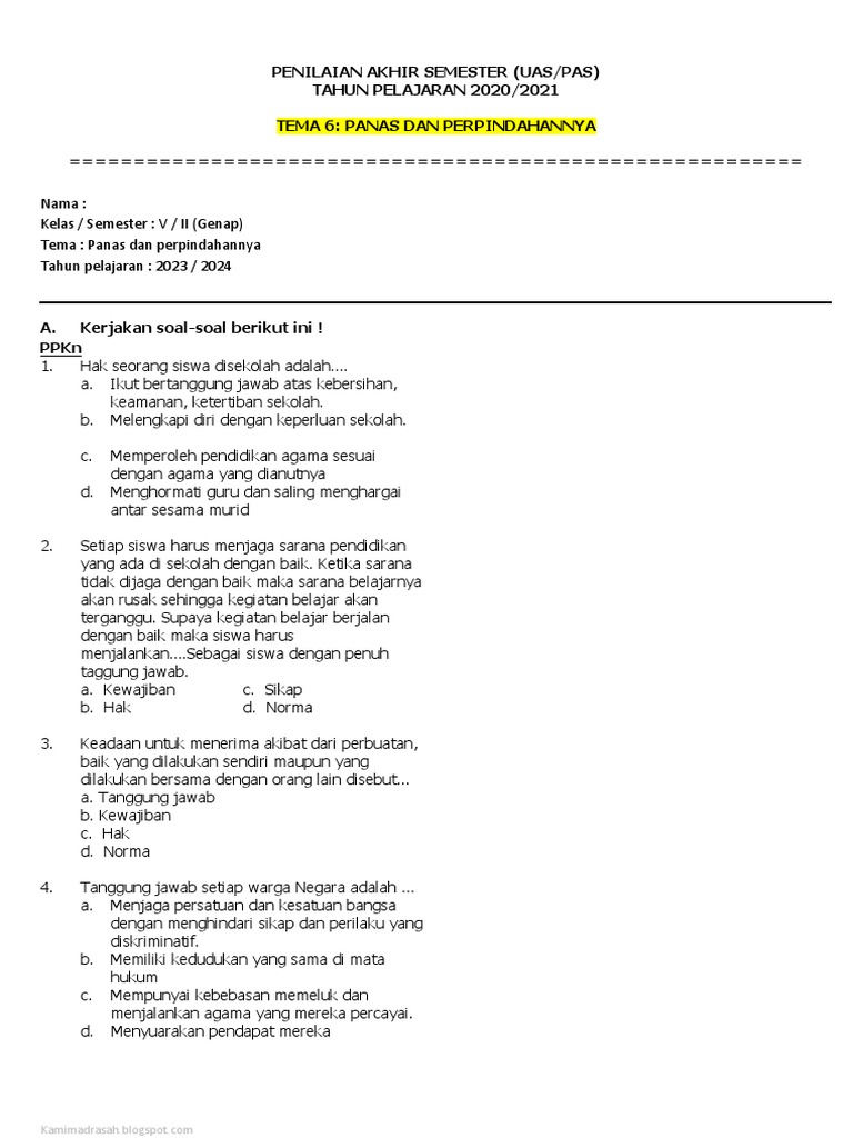 Soal Pas Kelas 5 Tema 6 - Kamimadrasah | PDF