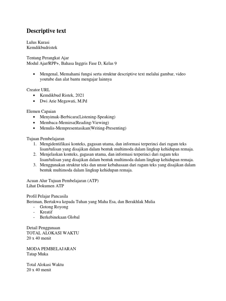 Modul Descriptive Text Kelas 9 | PDF
