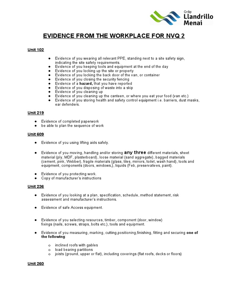 NVQ 2 Workplace Evidence Checklist | PDF