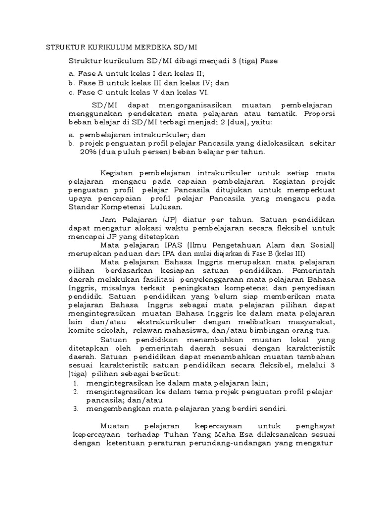 Struktur Kurikulum Merdeka SD/MI 2025 | PDF