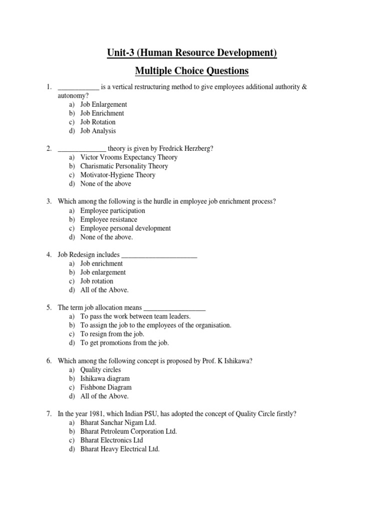 HRD Unit-3 (Job Enrichment MCQ) | PDF | Trade Union | Business