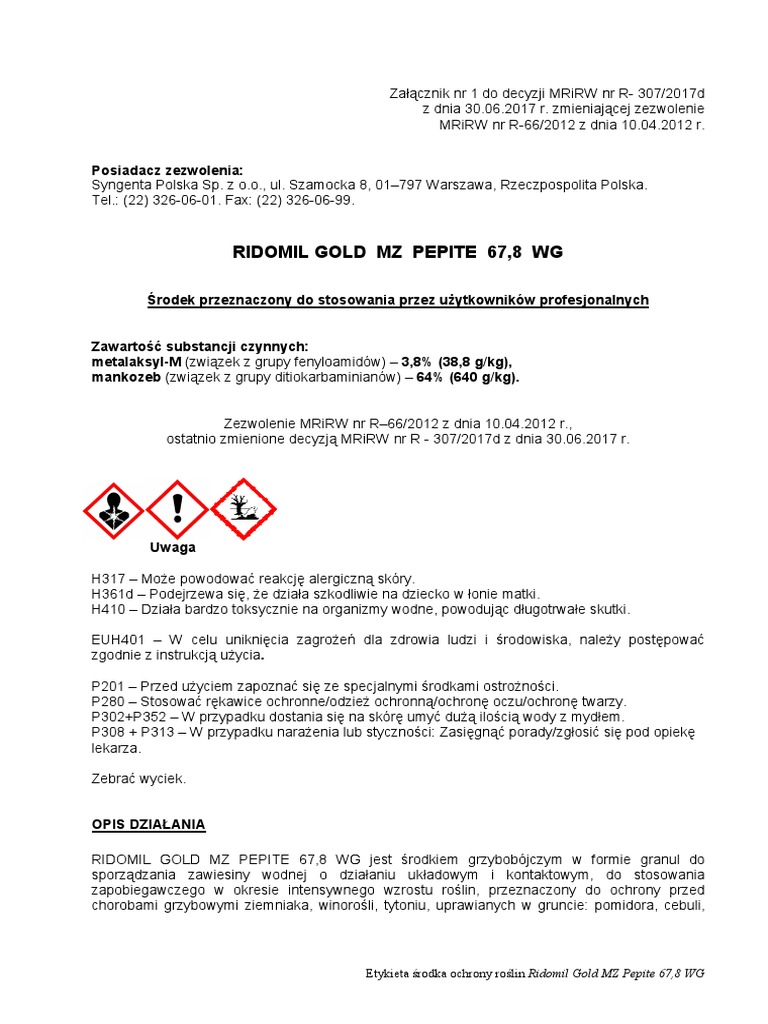Ridomil Gold MZ Pepite 67,8 WG Zast - Prof | PDF
