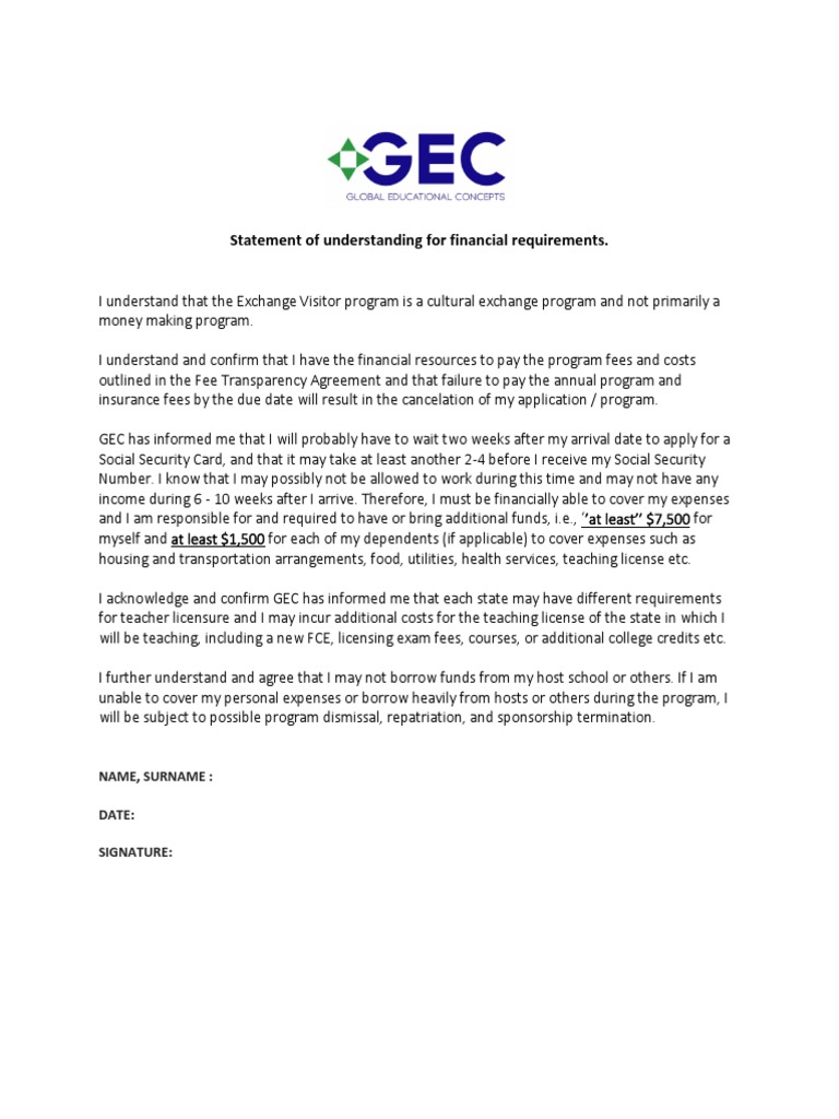 Statement of Understanding For Financial Requirements 2023 | PDF