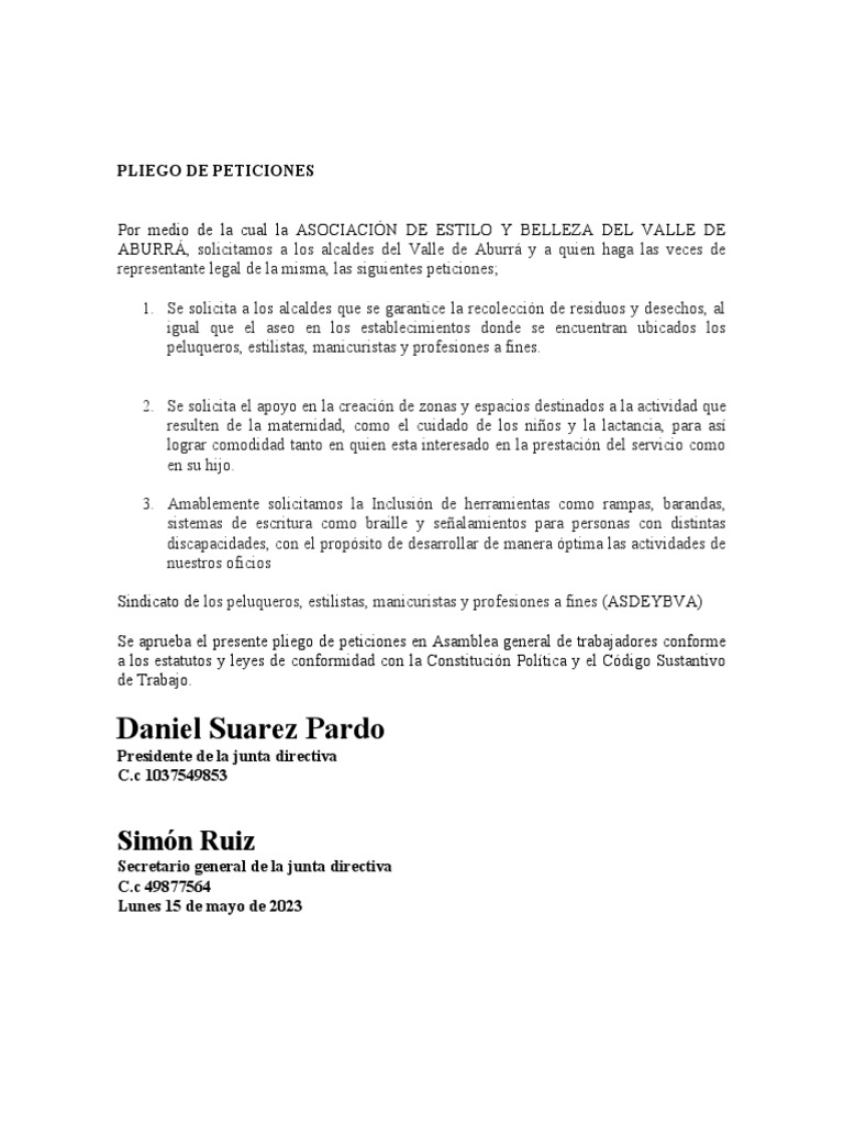 Pliego de Peticiones del Sindicato de Belleza | PDF