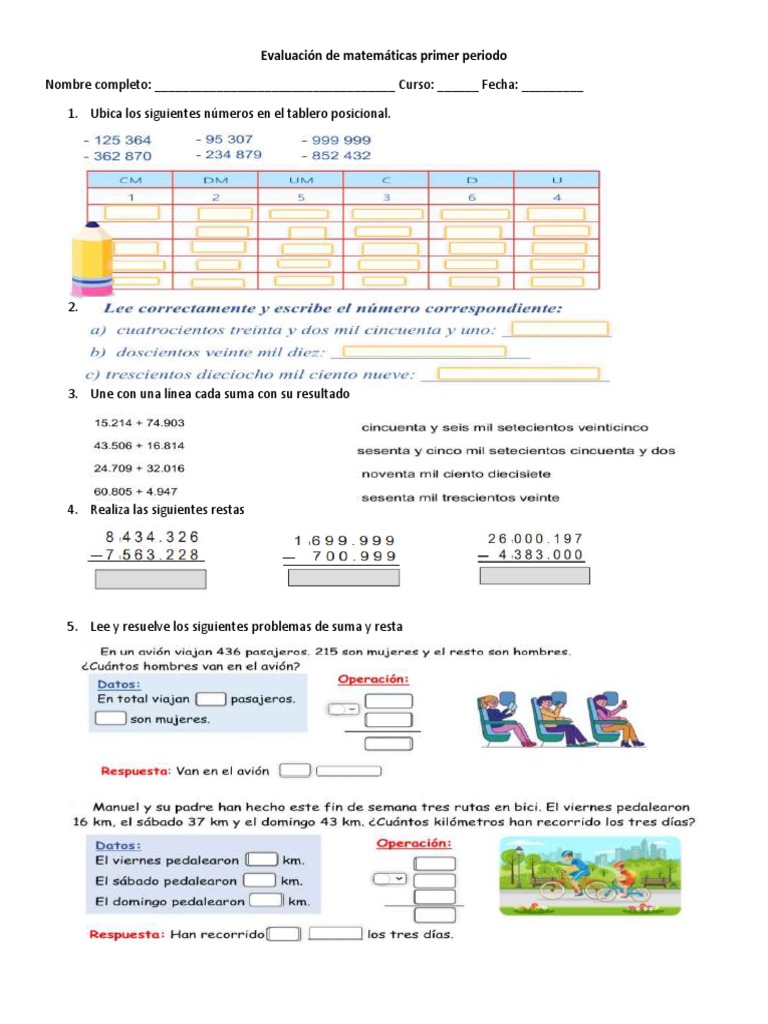 Evaluación de Matemáticas Primer Periodo Cuarto Grado | PDF