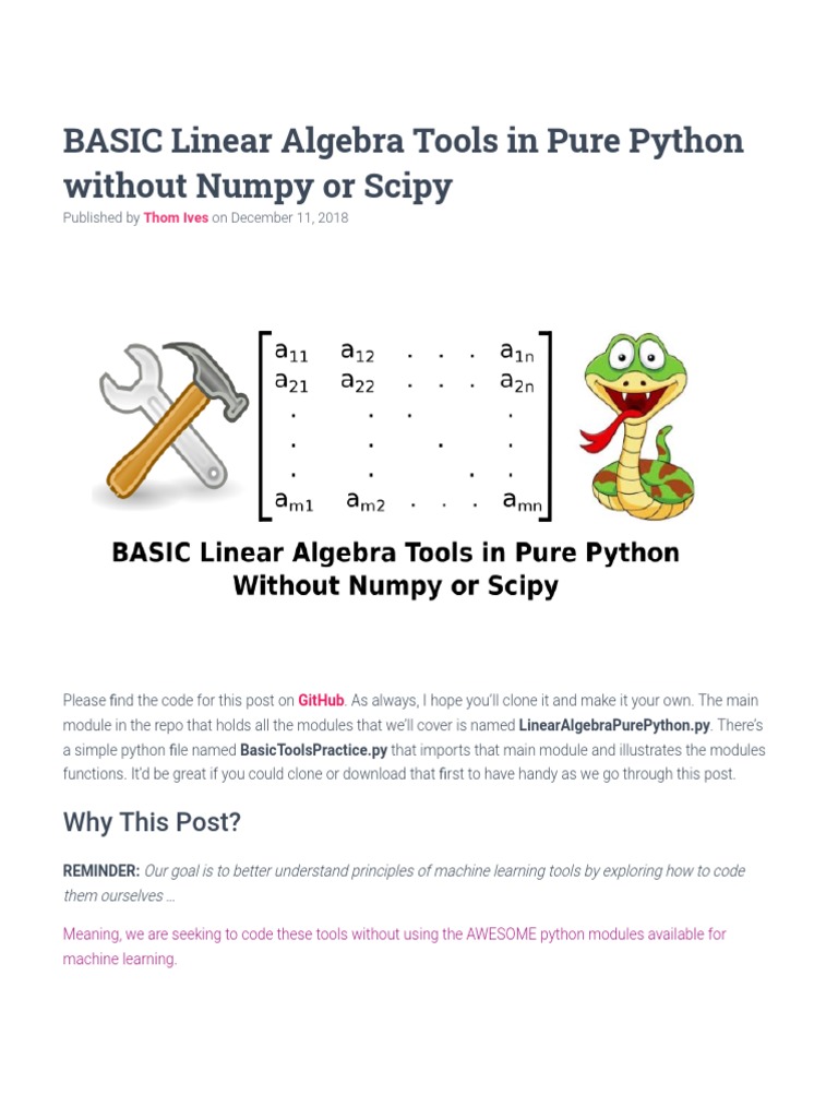 BASIC Linear Algebra Tools in Pure Python 1658615784 | PDF | Matrix (Mathematics) | Euclidean Vector