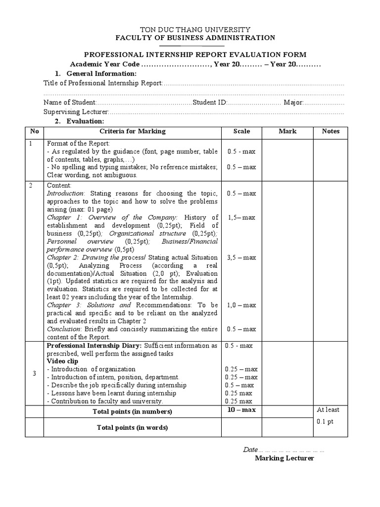 Professional Internship Report Evaluation Form | PDF | Evaluation | Cognition