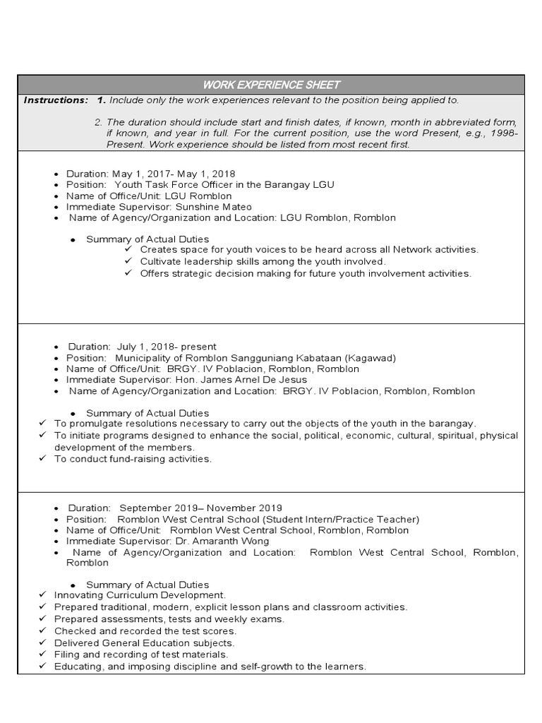 Work Experience Sheet Noeshelle | PDF | Patient | Nursing