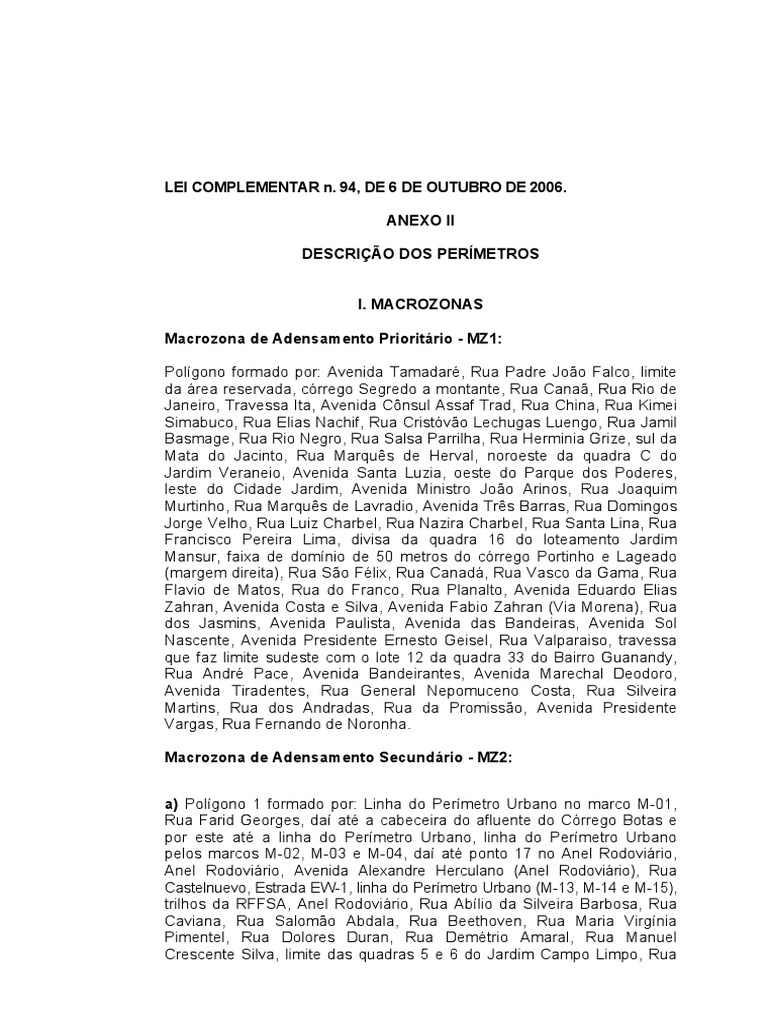 Lei Complementar N. 942006 Anexo II Descritivo | PDF