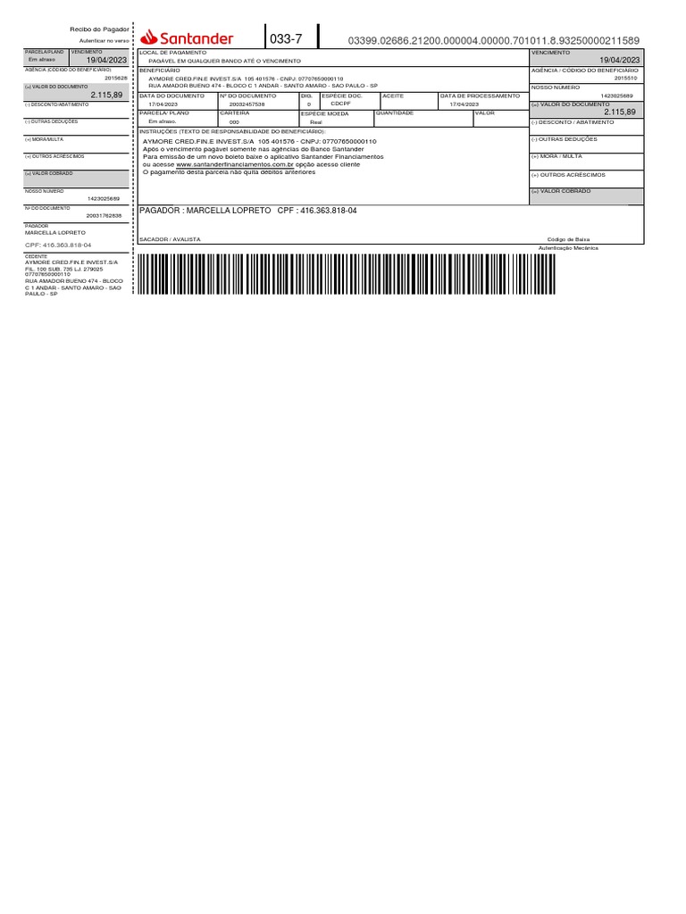 Boleto Santander - SEGUNDA VIA- 19-04-2023 (1) | PDF | Finanças ...