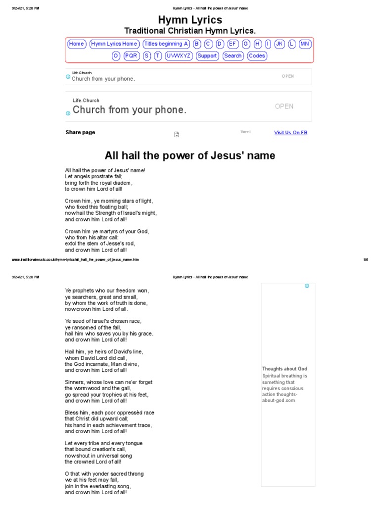 All Hail the Power of Jesus' Name Lyrics | PDF | Jesus | Hymns