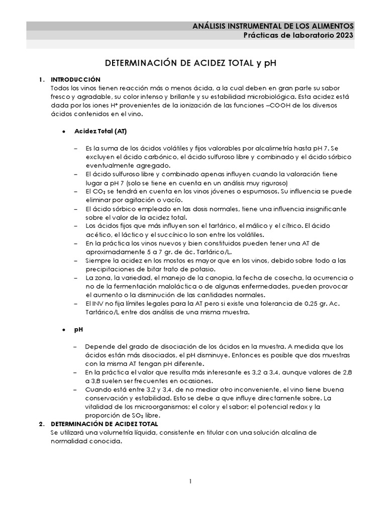 Determinación Acidez Total y PH | PDF | Ácido | Vino