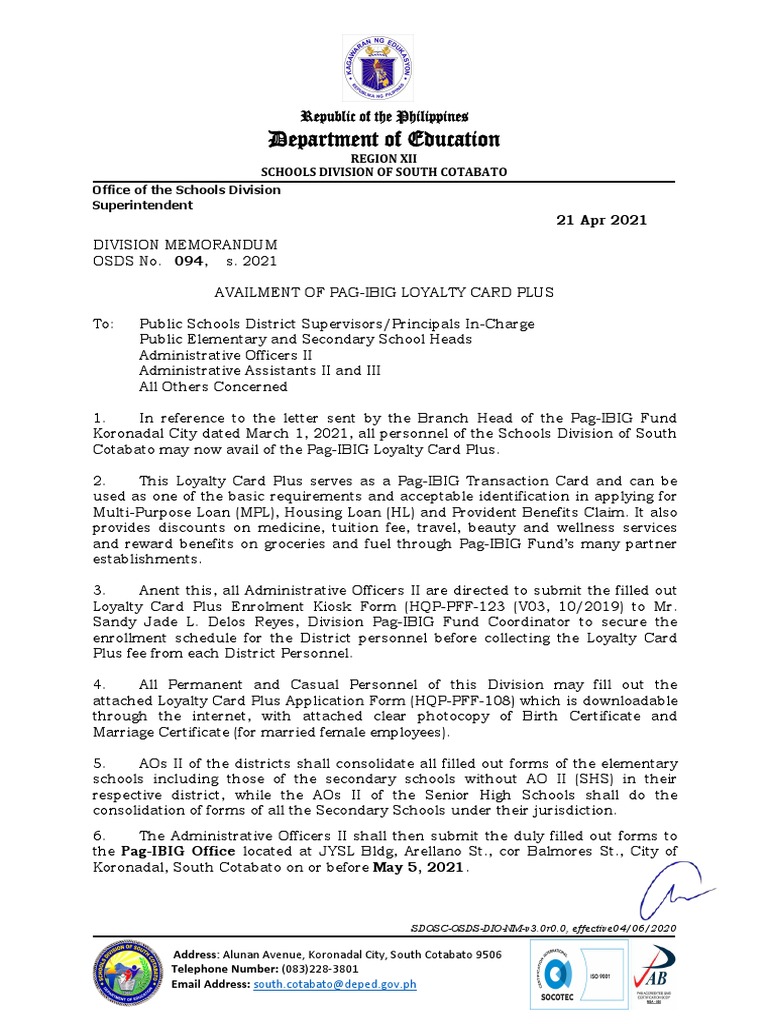 DM Osds No. 094 S. 2021 Availment of Pag Ibig Loyalty Card Plus | PDF | Business | Government