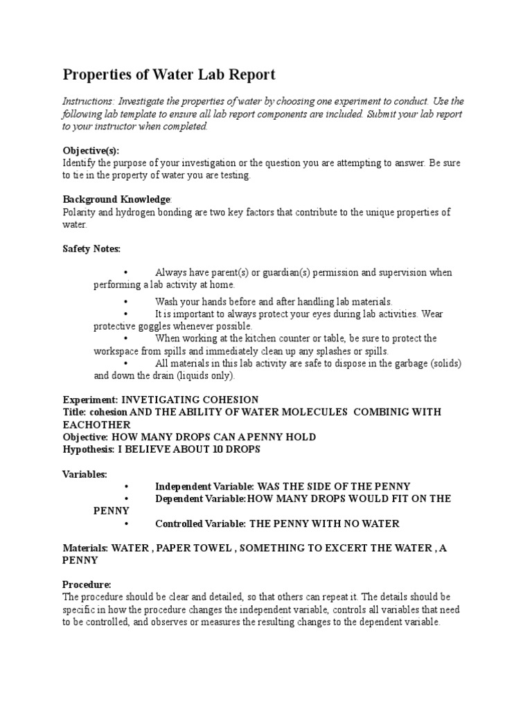 Properties of Water Lab Report Guide | PDF | Properties Of Water | Water