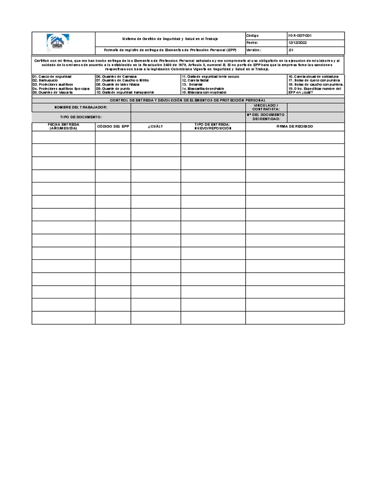 Formato de Entrega de EPP | PDF