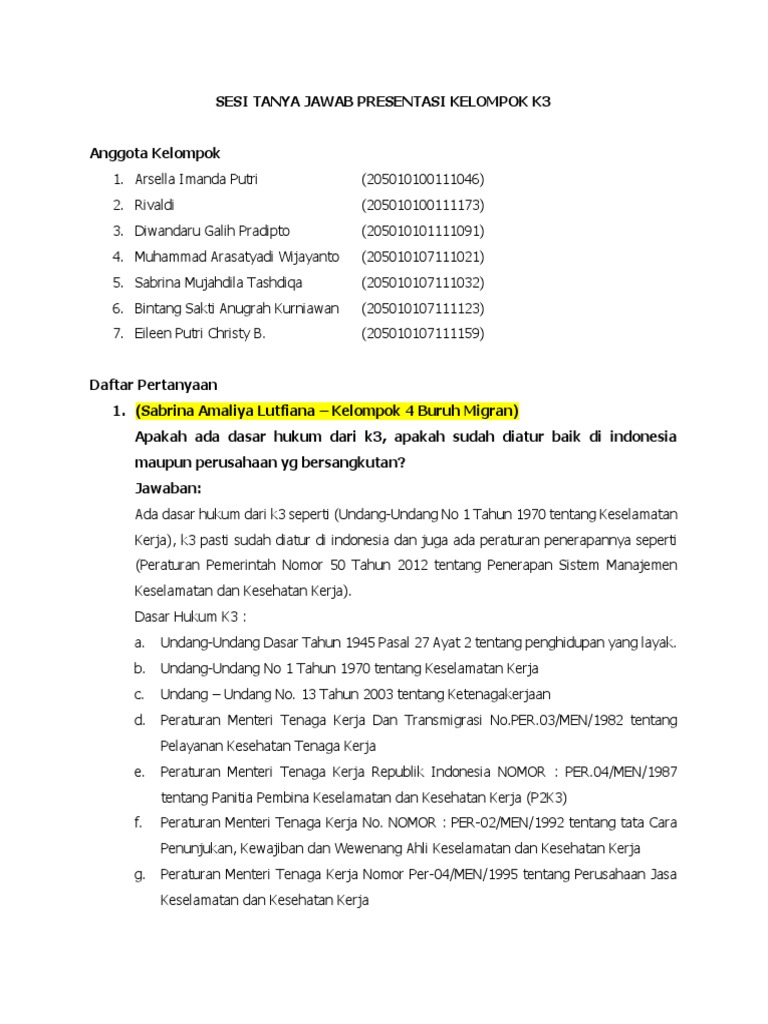 Daftar Pertanyaan Presentasi Kelompok K3 | PDF