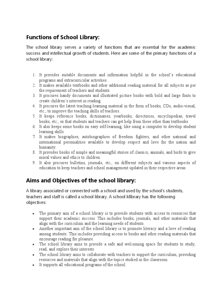 Functions and Objectives of School Libraries | PDF | Libraries | School ...