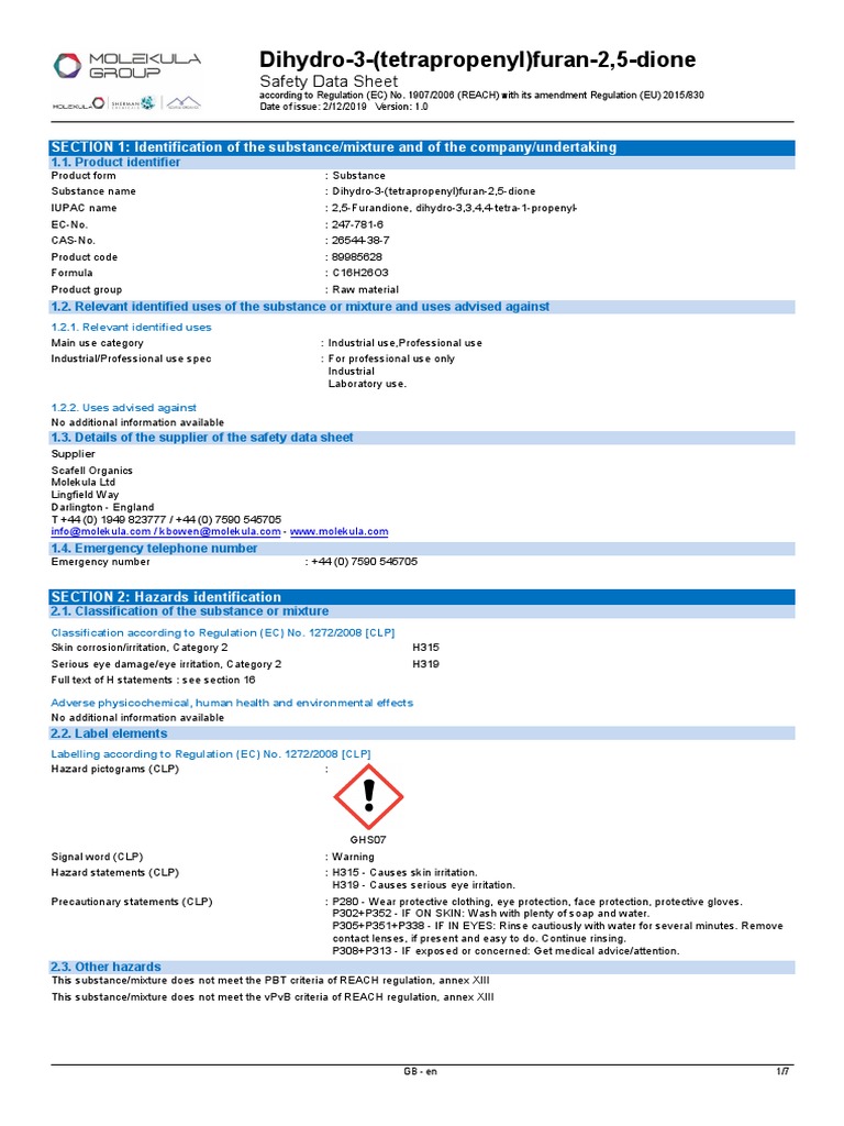 Dihydro-3-(Tetrapropenyl)Furan-2,5-Dione SDS | PDF | Toxicity ...