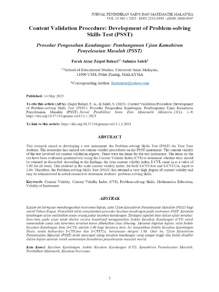 View of Content Validation Procedure - Development of Problem-Solving ...