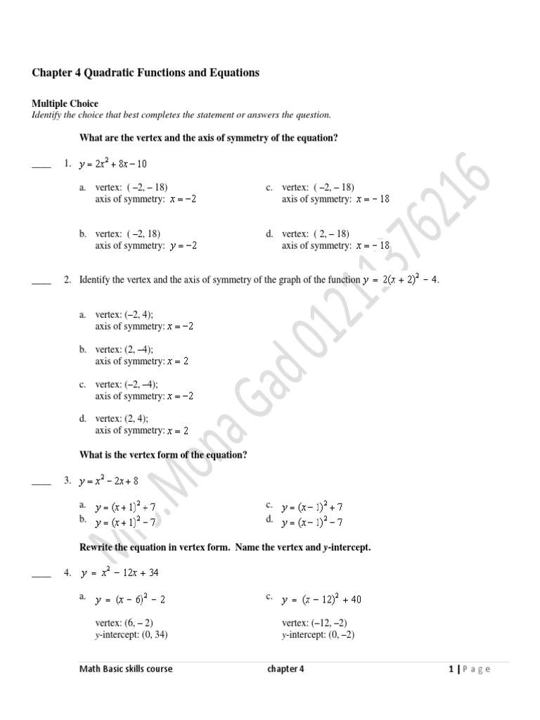 Chapter 4 Quadratic Functions And Equations Pdf Quadratic Equation Mathematical Concepts