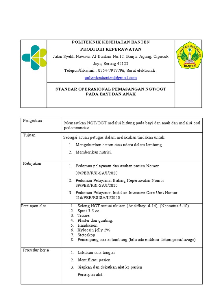 Sop Pemasangan NGT Pada Bayi Dan Anak Kel 5 | PDF