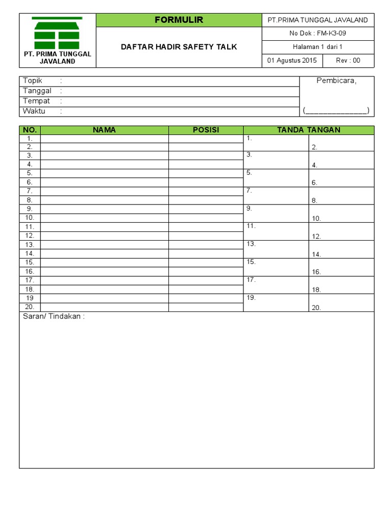 Form Daftar Hadir Safety Talk | PDF