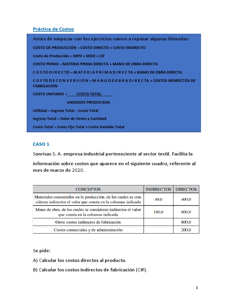 Práctica de Costos #1 | PDF | Costo | Precios