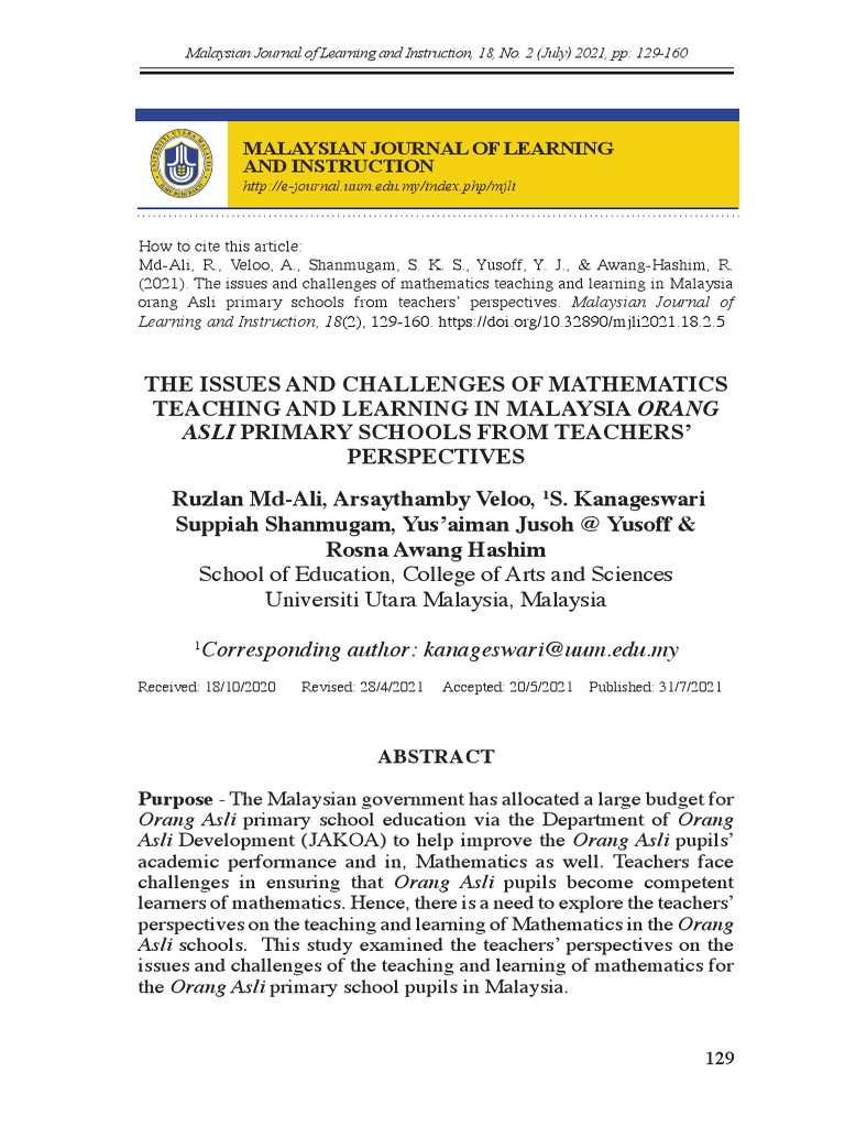 2021-The Issue and Challenges of Math Teaching and Learning in Malaysia Orang Asli Primary ...