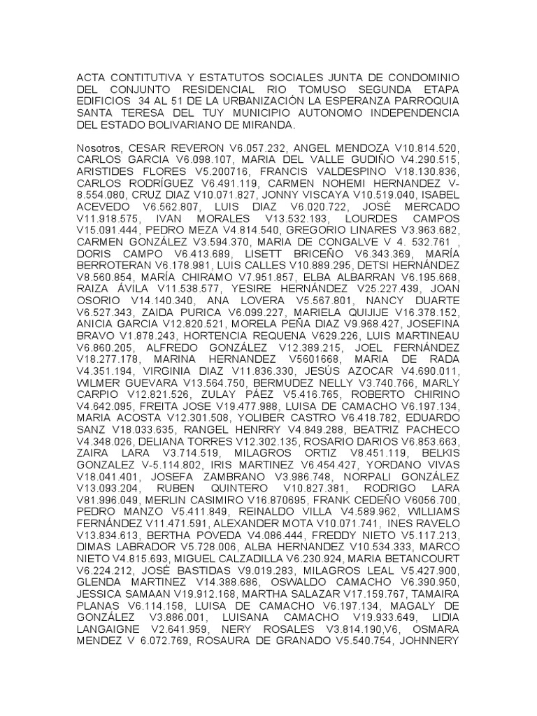 Acta Contitutiva y Estatutos Sociales Junta de Condominio Del Conjunto Residencial Rio Tomuso ...