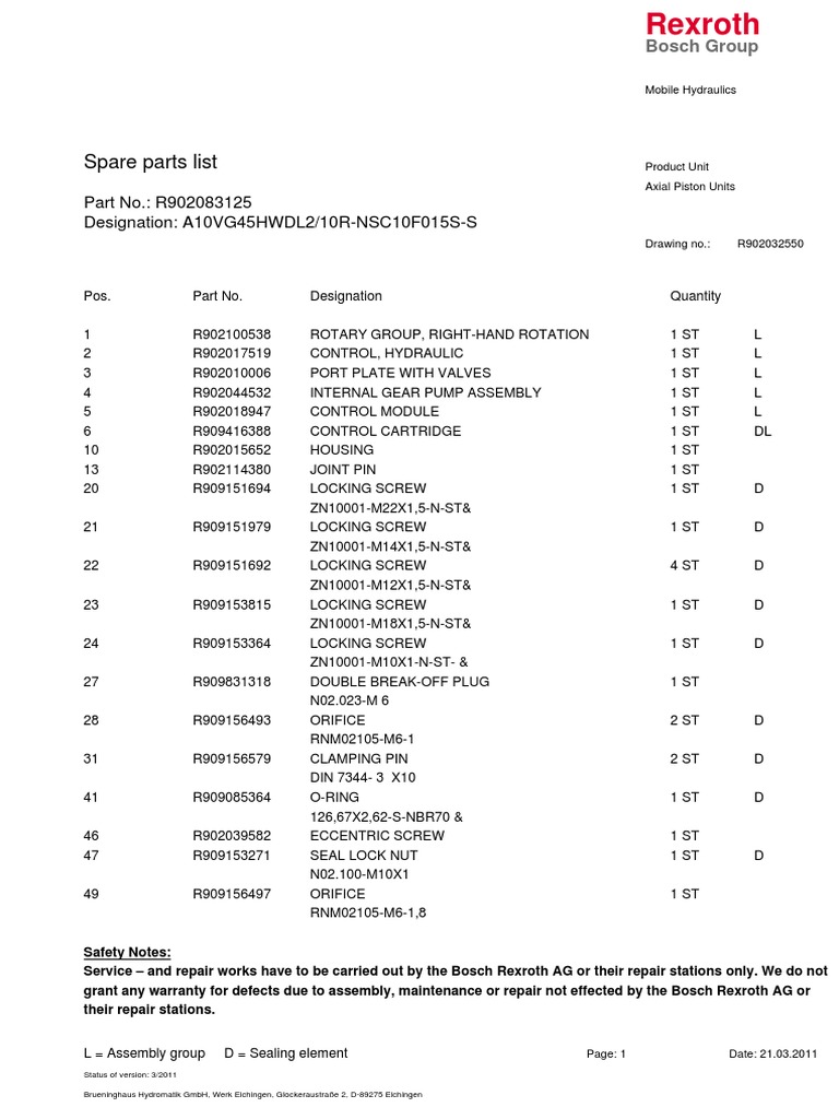 Rexroth Axial Piston Units Parts List | PDF | Piston | Valve