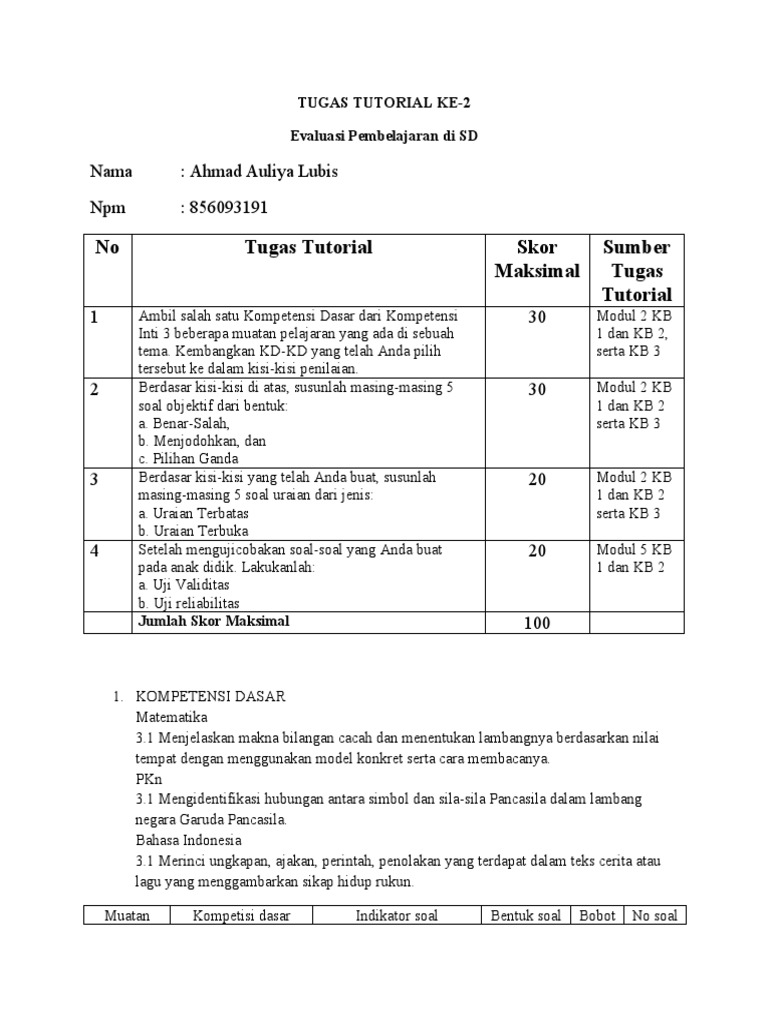 TUGAS TUTORIAL KE 2 Evaluasi Pembelajaran Ready | PDF
