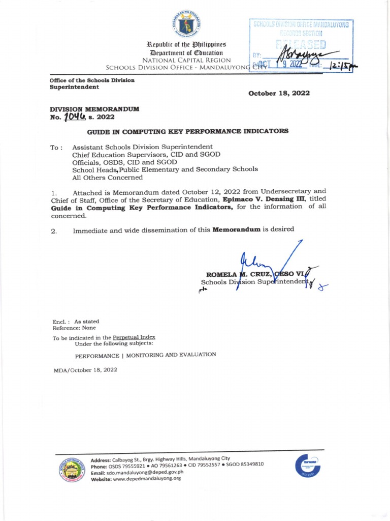 DM No. 1046, S. 2022. Guide in Computing Key Performance Indicators | PDF | Performance Indicator
