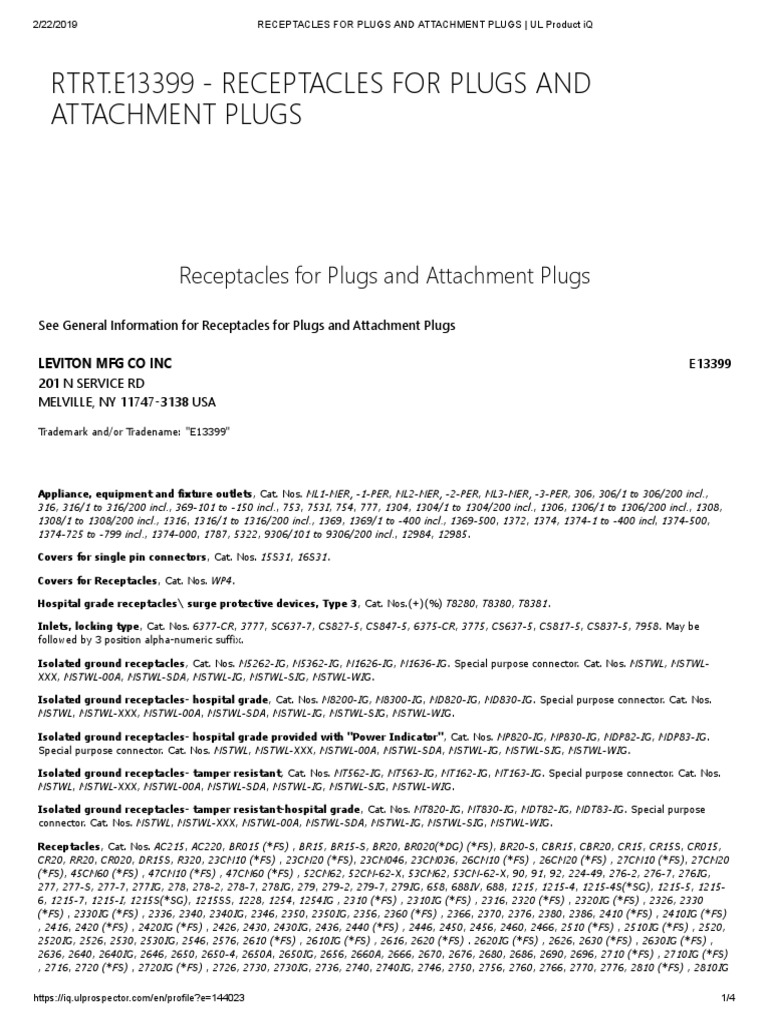 4.1 UL Tomacorrientes Leviton RTRT.E13399 | PDF | Ac Power Plugs And ...