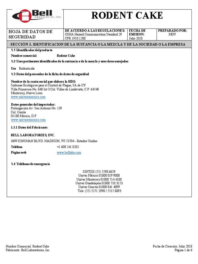2023 Hoja de Seguridad RODENT CAKE | PDF | Agua | Residuos