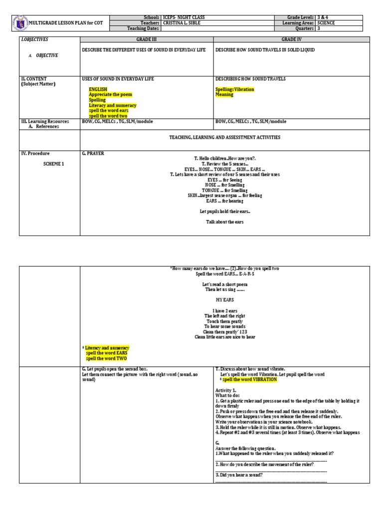 FINAL COT Science 3 and 4 | PDF | Sound | Waves