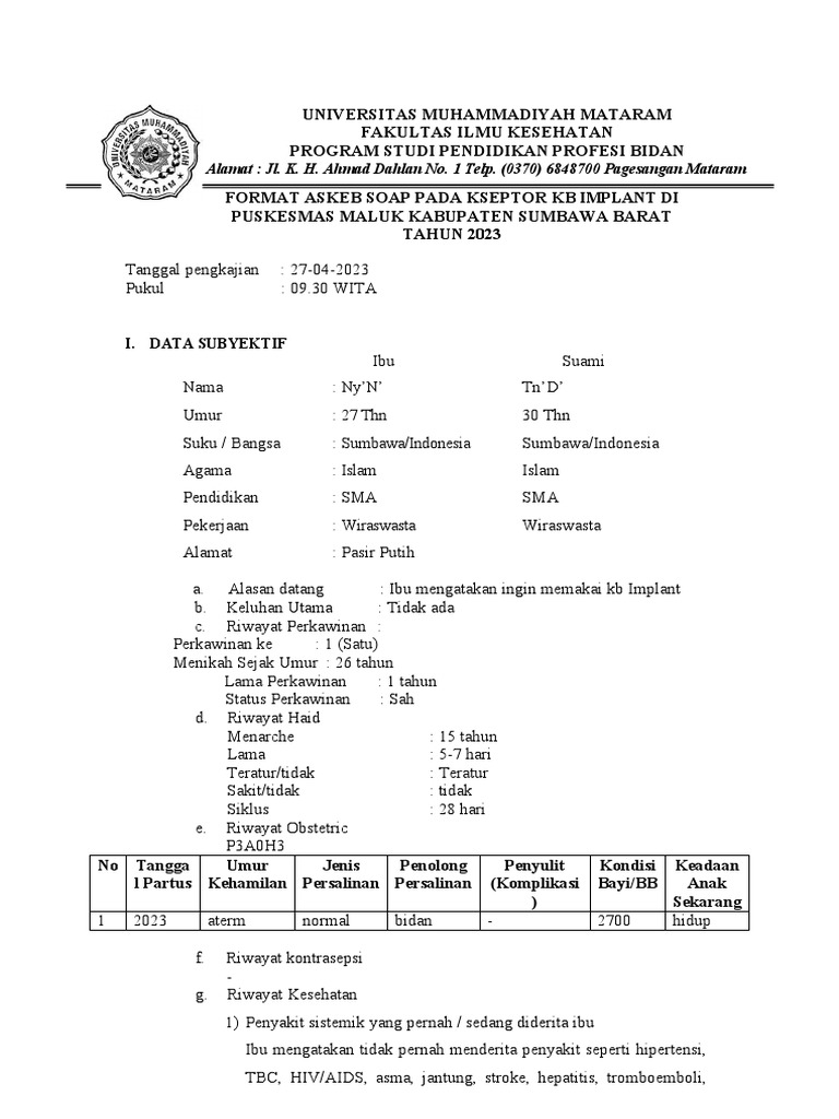 Format Pendokumentasian Asuhan Kebidanan KB | PDF