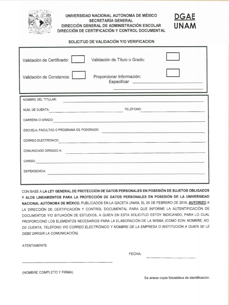 Solicitud de Validacion-Verificacion DGAE UNAM | PDF Solicitud de Validacion-Verificacion DGAE UNAM | PDF