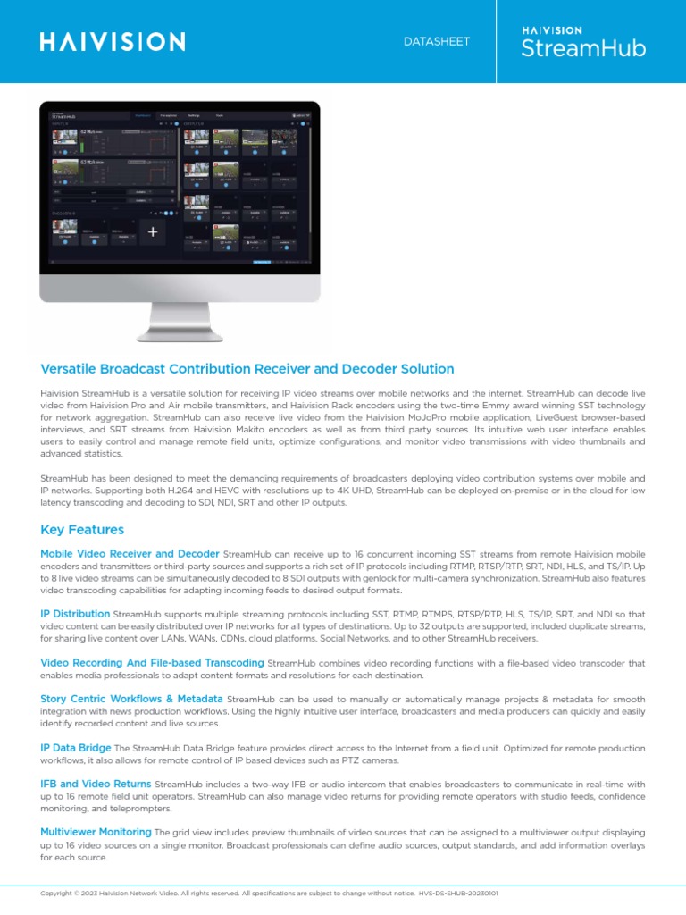 Haivision Streamhub Datasheet | Download Free PDF | Streaming Media | Video