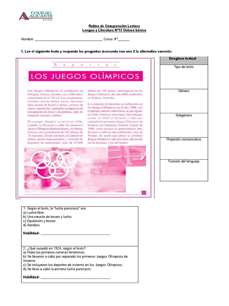 Comprensión Lectora para 8° Básico | PDF | Juegos olímpicos | Deportes