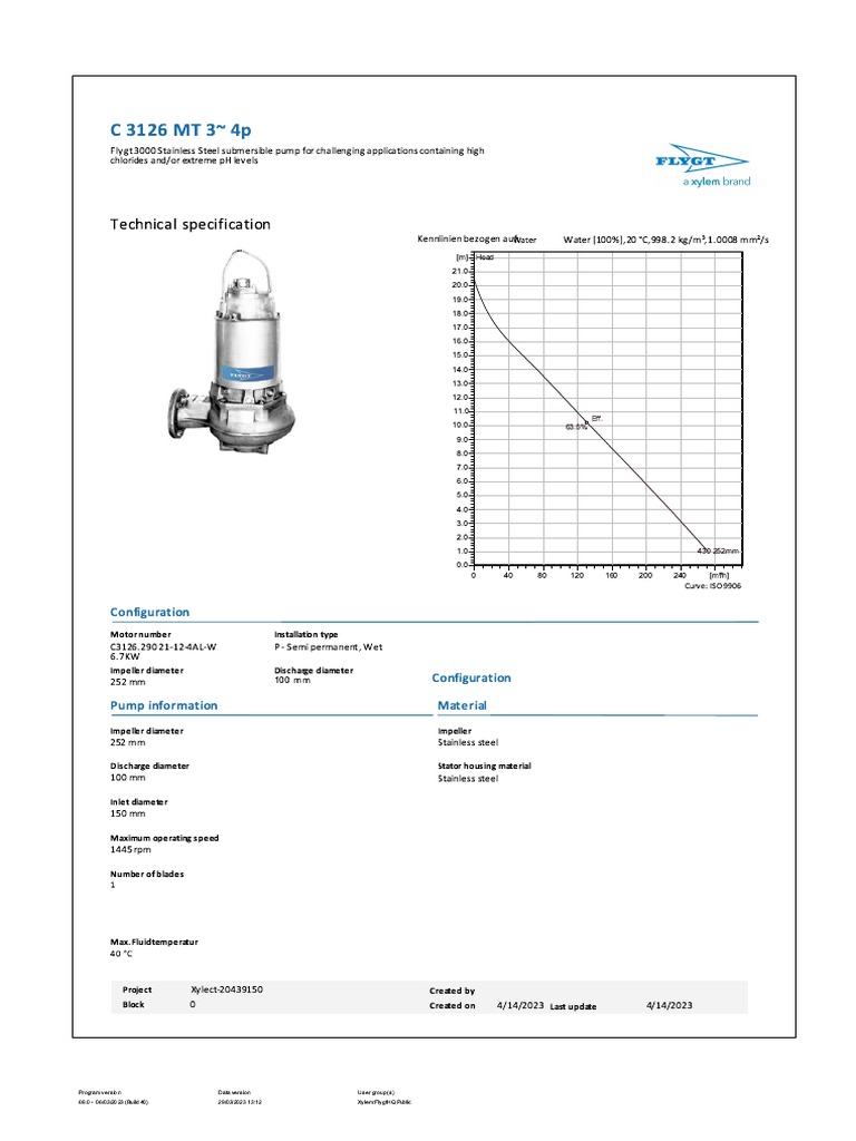 Flygt C3126 Submersible Pump Specs | PDF | Electric Motor | Pump