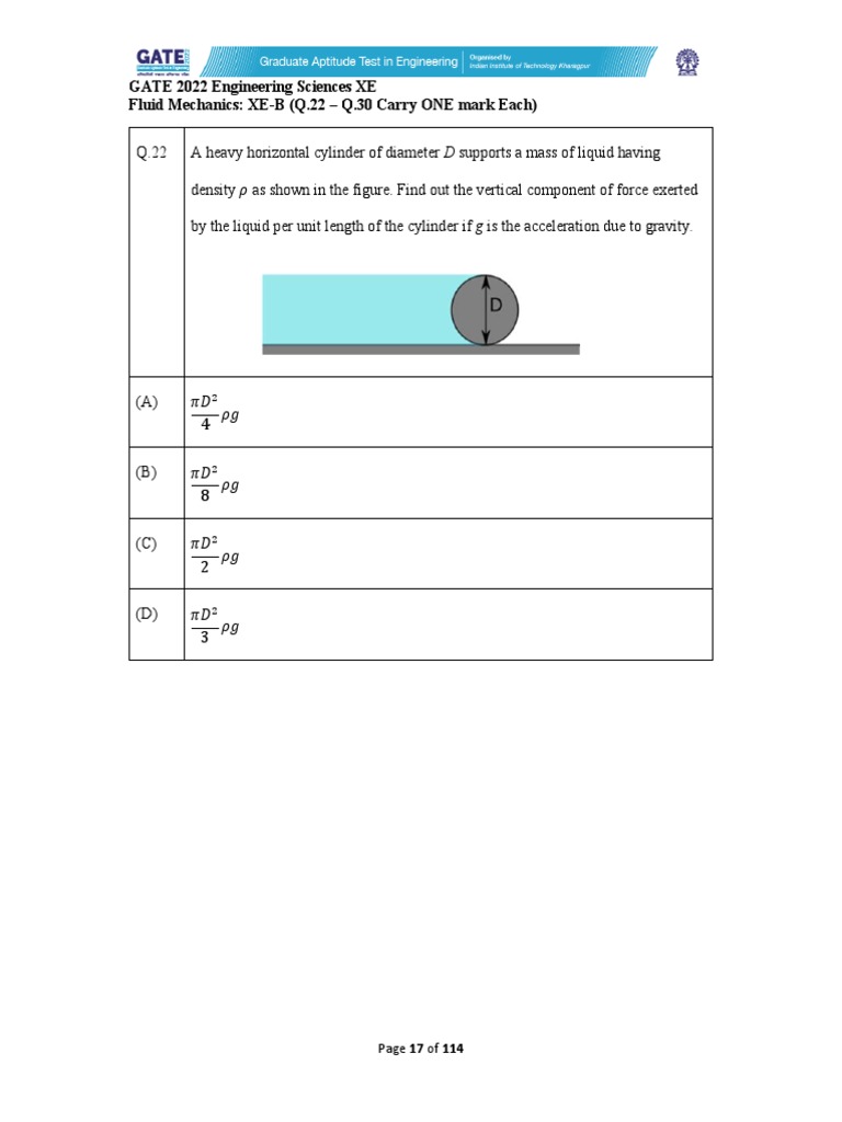 GATE 2022 Engineering Sciences XE Fluid Mechanics: XE-B (Q.22 - Q.30 Carry ONE Mark Each) | PDF ...