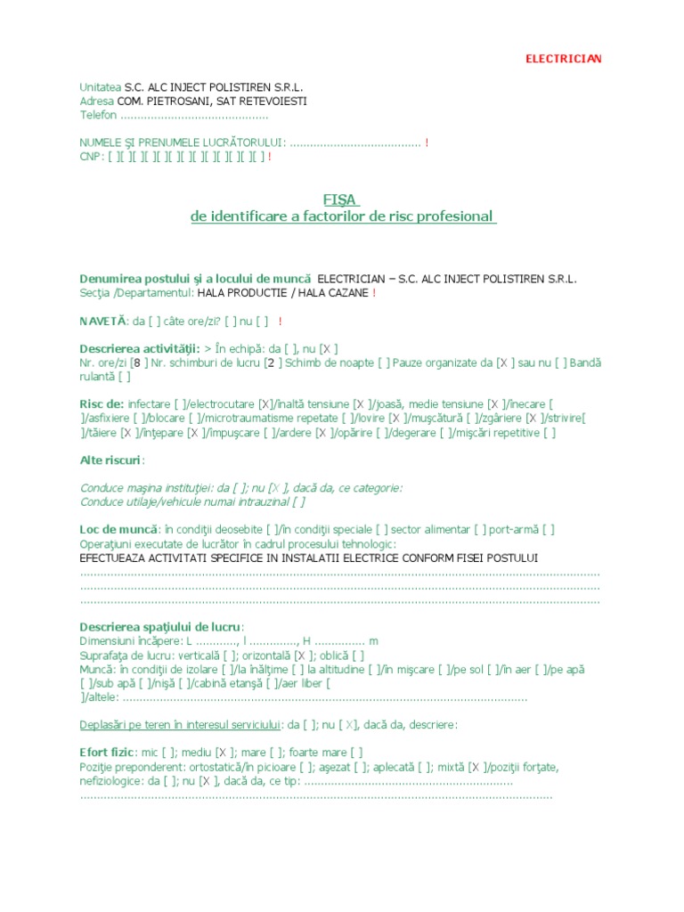 Fisa Factori risc-ELECTRICIAN | PDF