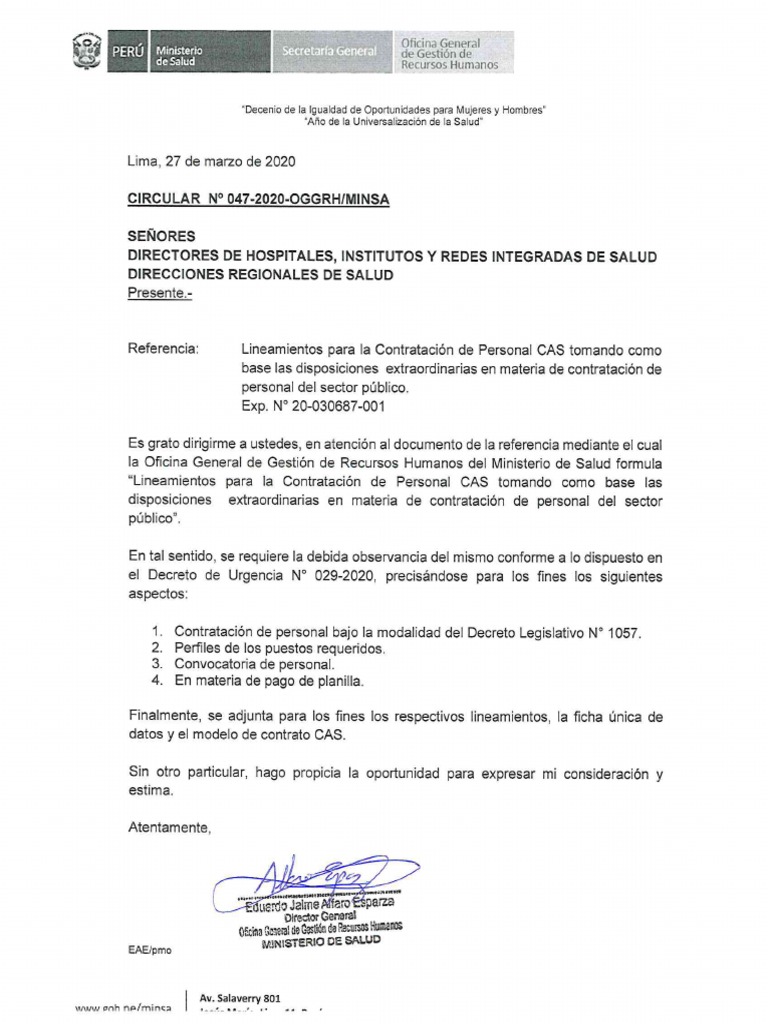 Circular 047-2020-Oggrh-Minsa - Lineamientos Contratacion de CAS OGRH | PDF