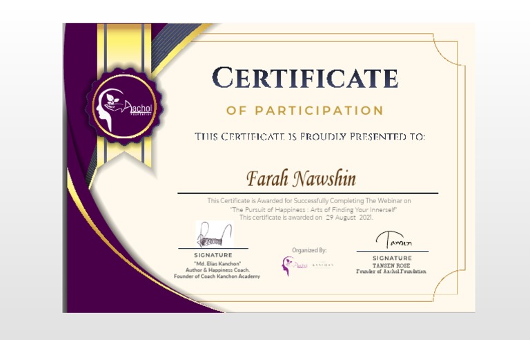 Aachol Certificate Farah Nawshin | PDF