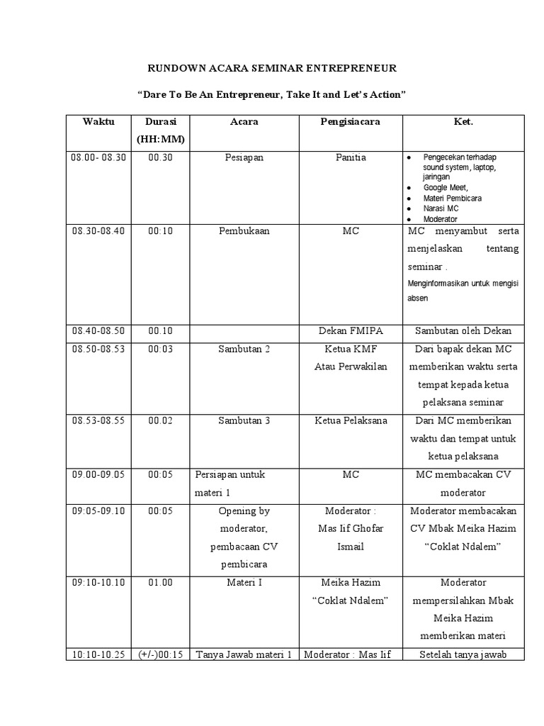Rundown Acara Seminar Entrepreneur | PDF