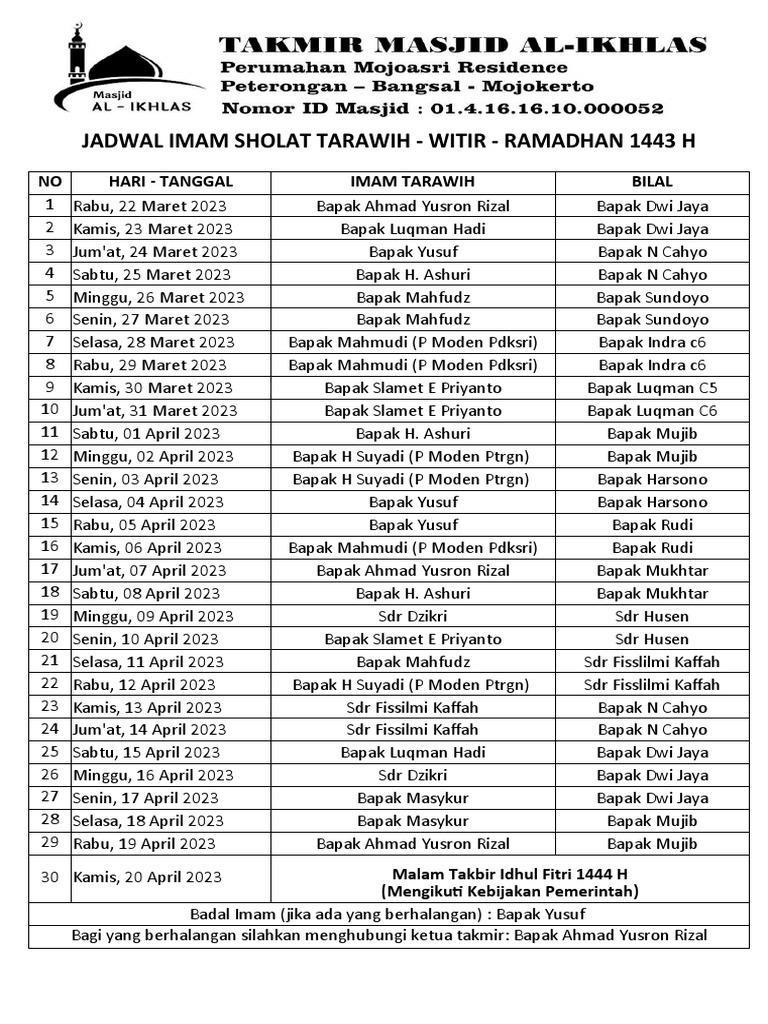 Jadwal Imam Tarawih Dan Bilal Masjid Al Ikhlas 1444 H | PDF