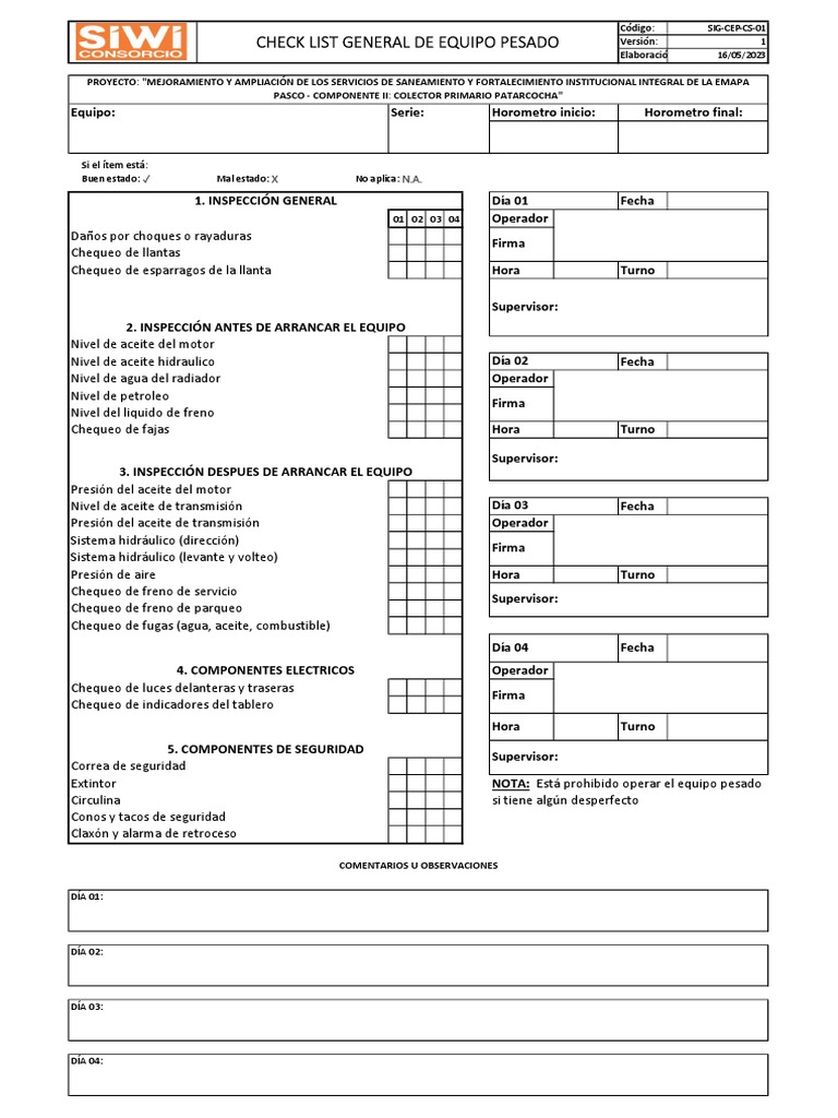 Checklist Equipos Pesados | PDF | Bienes manufacturados | Tecnologías ...