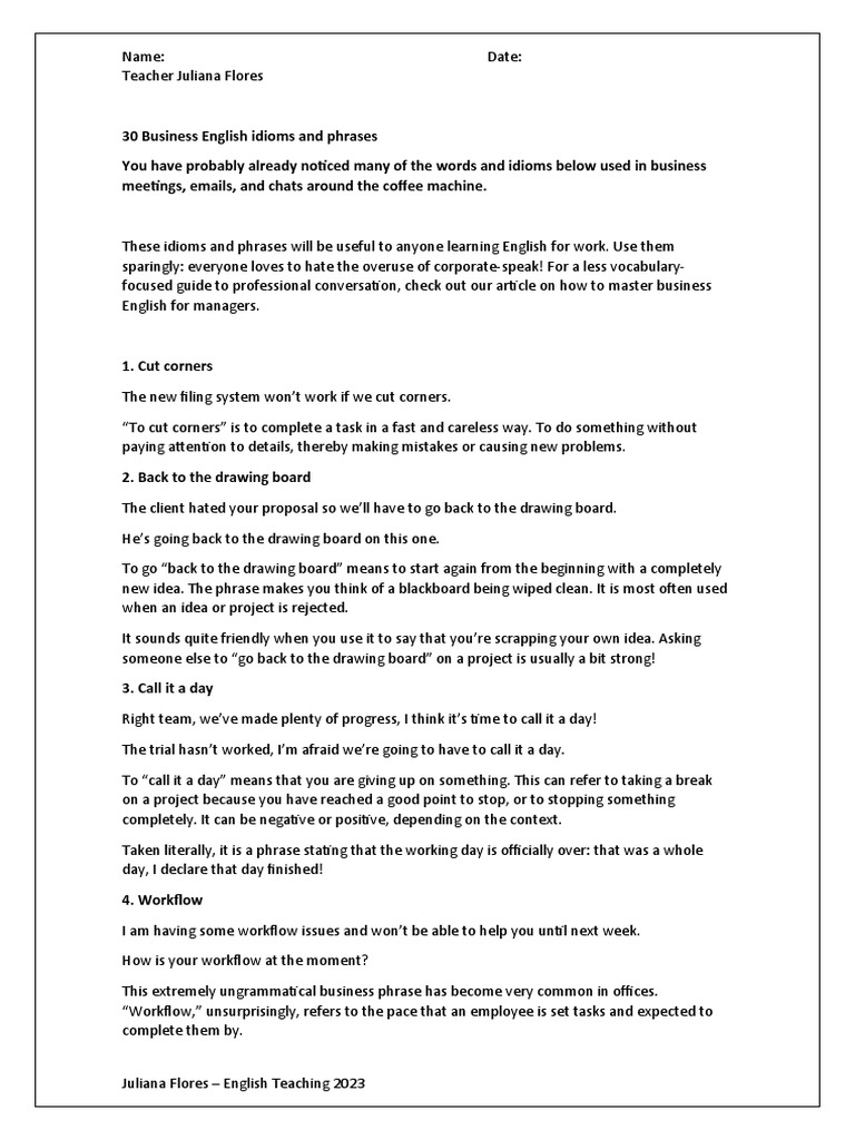 30 Business English Idioms and Phrases | Download Free PDF | English ...