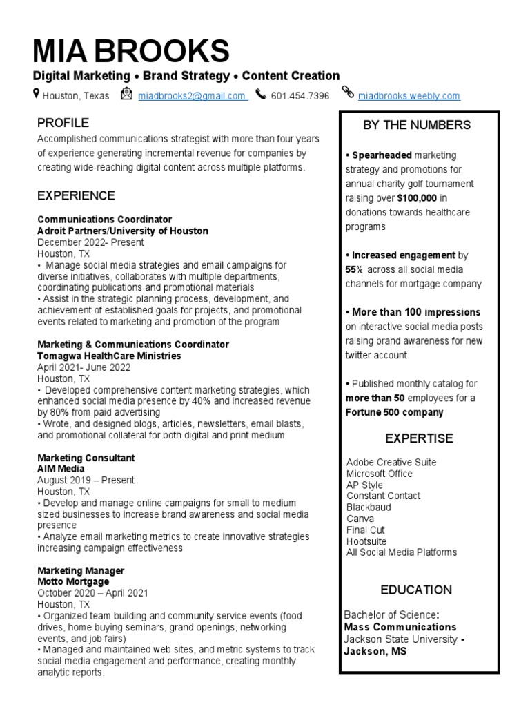 Mia Brooks Marketing Resume SM 2023 | PDF | Popular Culture & Media Studies | Social Media