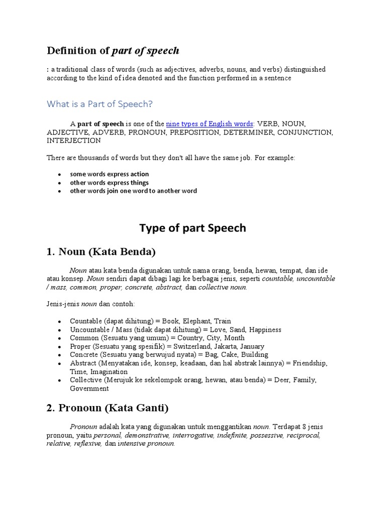 Definition of Part of Speech Dalam Bahasa Indonesia | PDF | Part Of ...